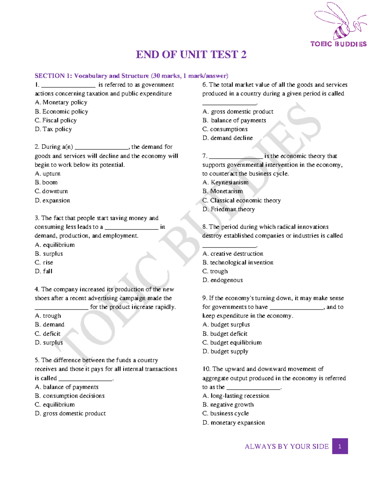 END OF UNIT TEST 2 Tiếng Anh HP2 - END OF UNIT TEST 2 SECTION 1 ...