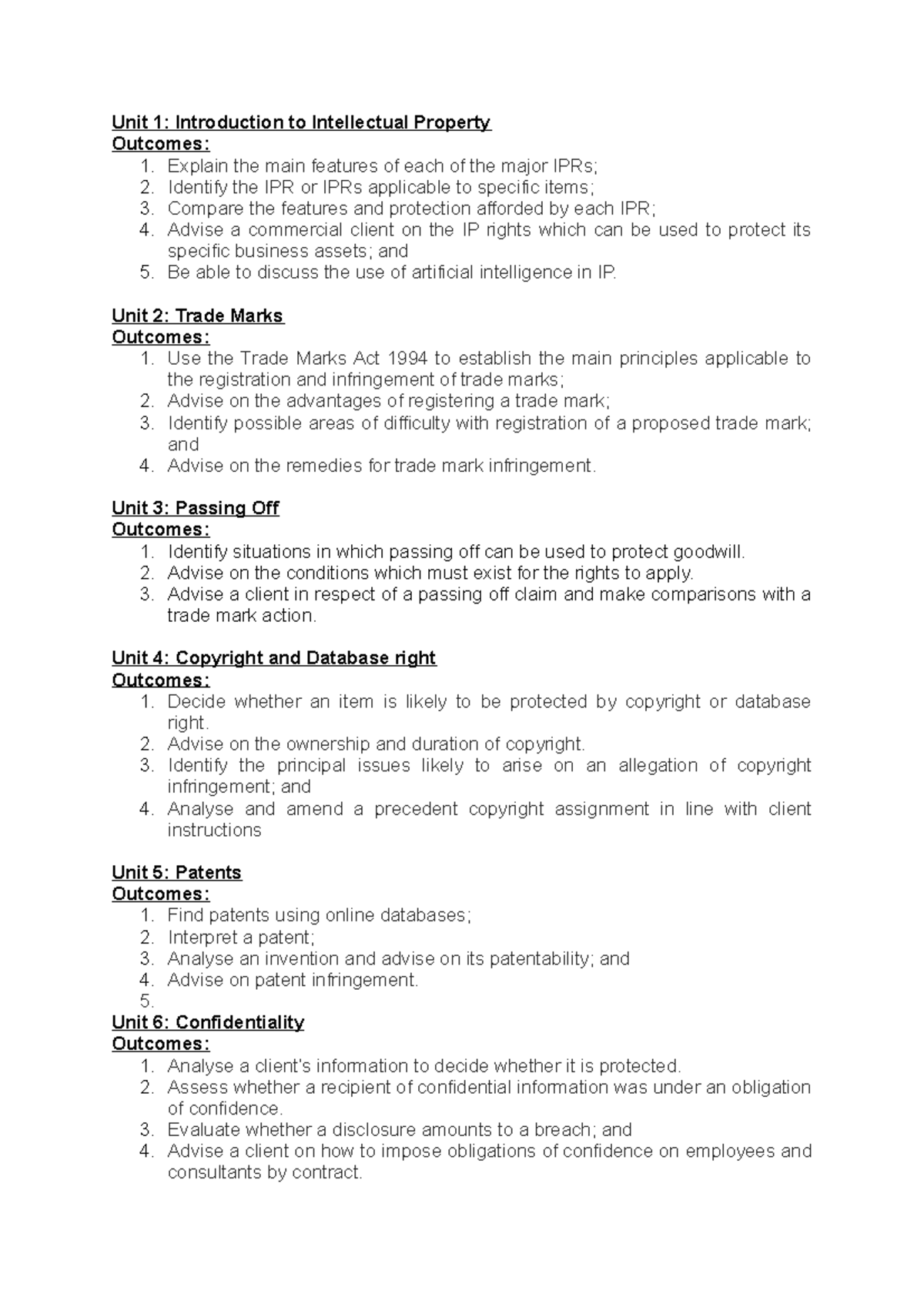Outcomes for each unit - IP - Unit 1: Introduction to Intellectual ...