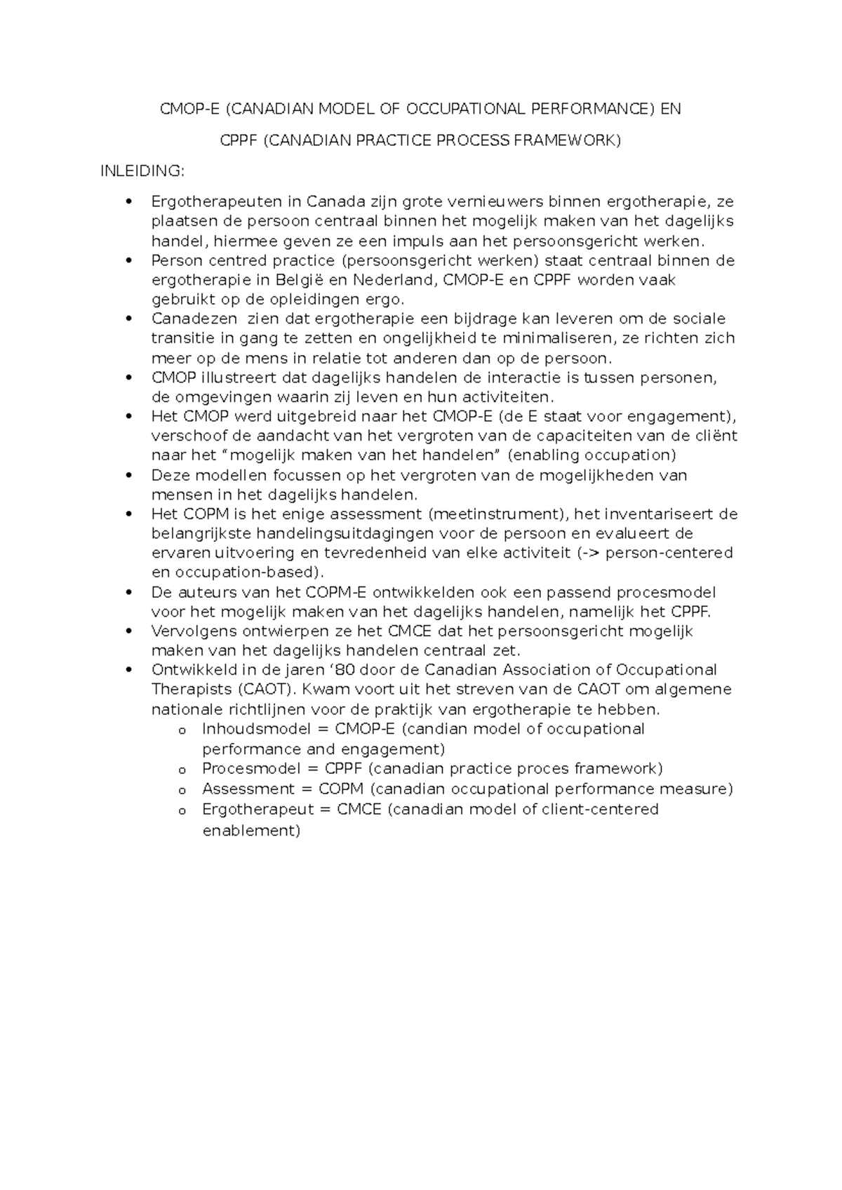 CMOP - Samenvatting Grondslagen van de Ergotherapie - CMOP-E (CANADIAN ...