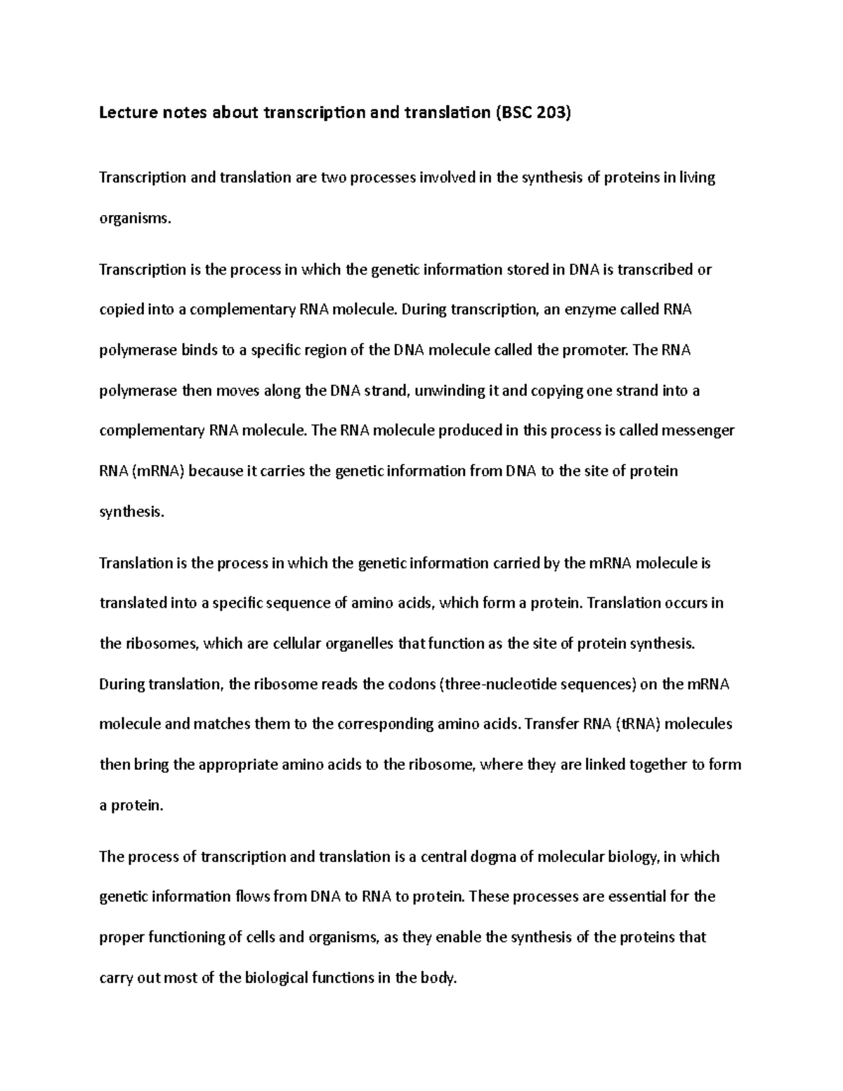 Lecture notes about transcription and translation - Transcription is ...