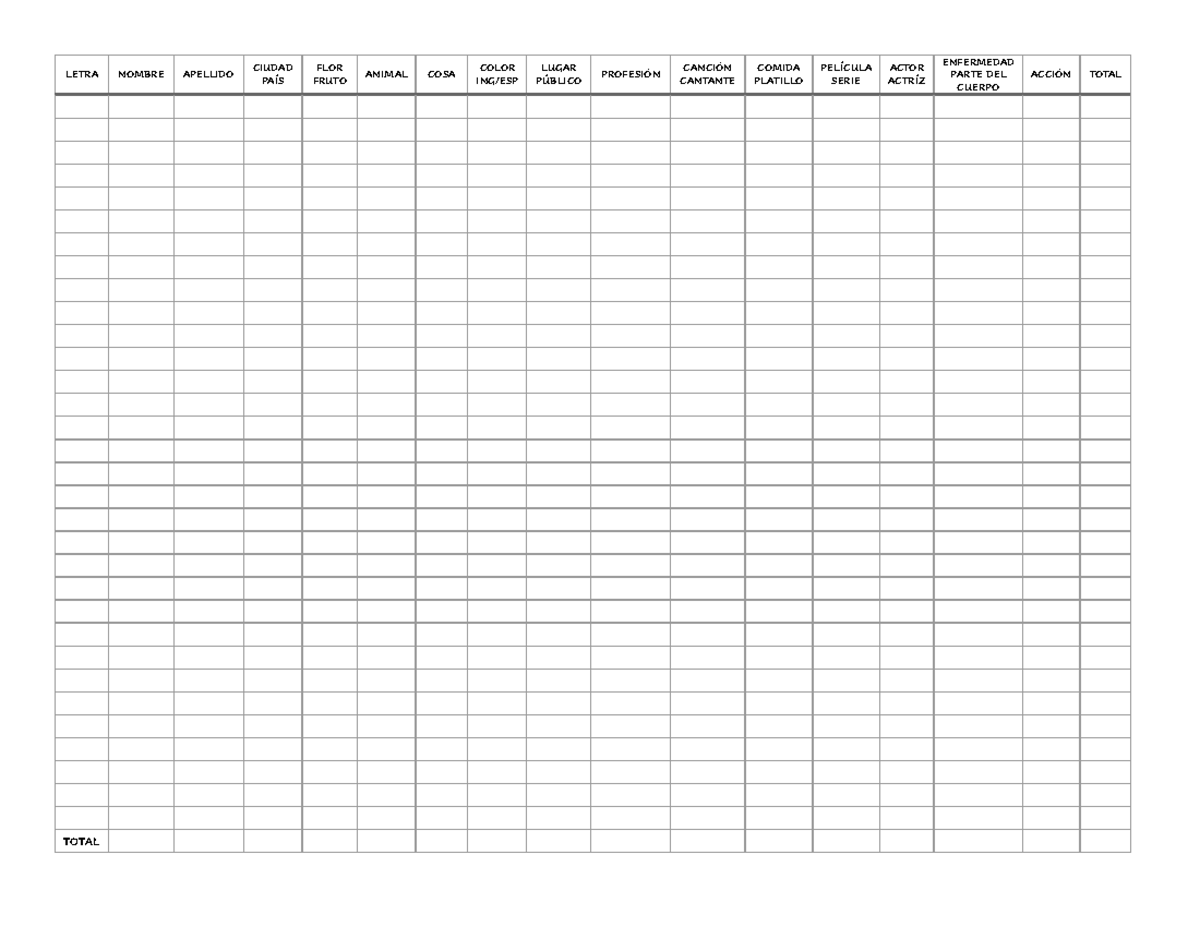 Juego Basta - Morfología del español - LETRA NOMBRE APELLIDO CIUDAD ...