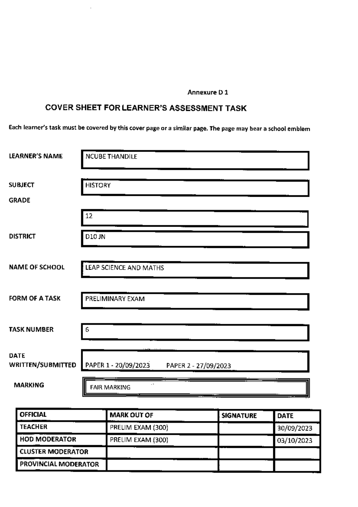 Essays Samples P2 - History - Annexure D 1 COVER SHEET FOR ASSESSMENT ...