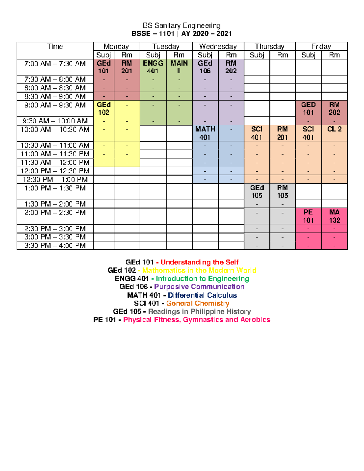 BSSE-1101-Sched - sched - BS Sanitary Engineering BSSE – 1101 | AY 2020 ...