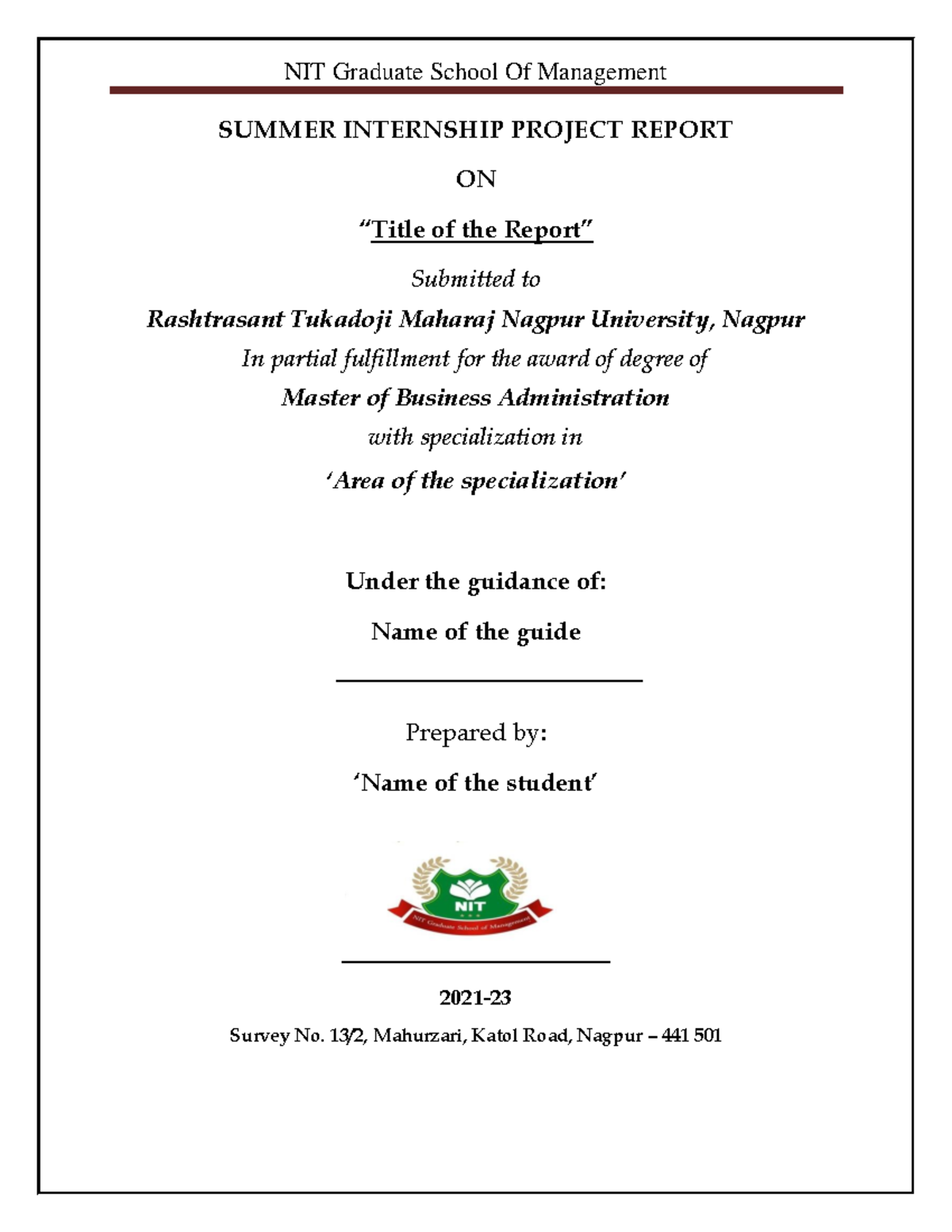 SIP-Front Pages - mba sip report project - NIT Graduate School Of ...