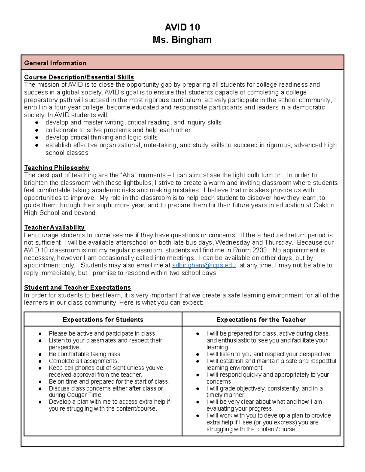 AVID 10 Syllabus - 2007 - AVID 10 Ms. Bingham General Information ...