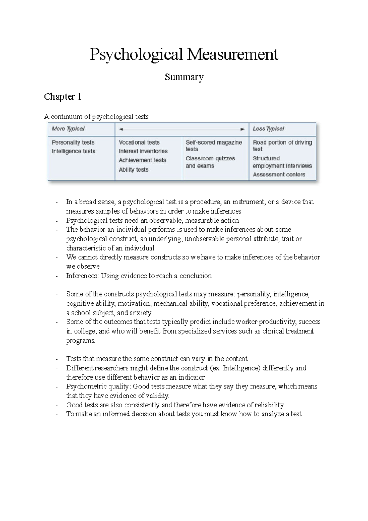 Book Chapter 1 - 3 - Psychological Measurement Summary Chapter 1 A ...