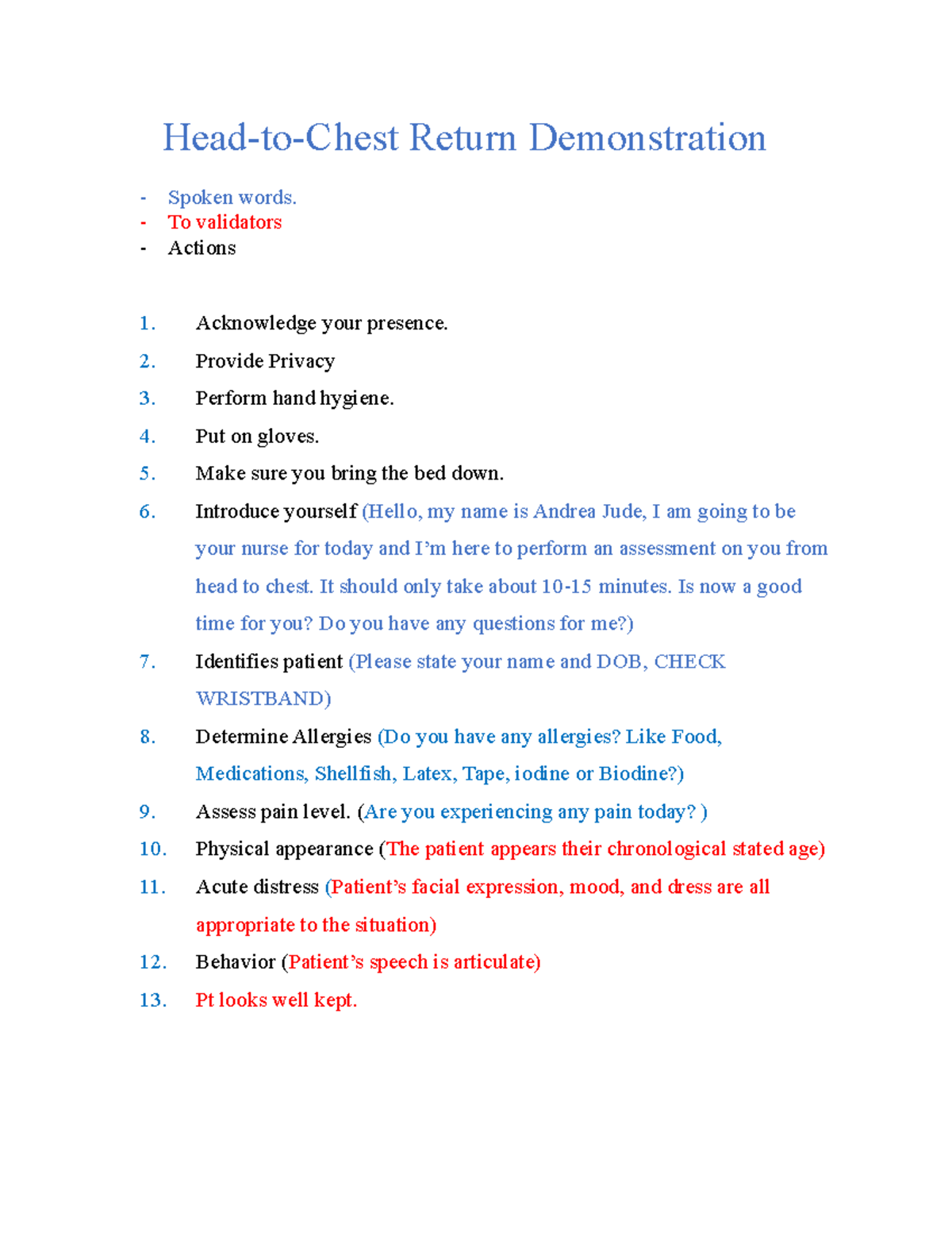 Head to chest - Head-to-Chest Return Demonstration Spoken words. To ...