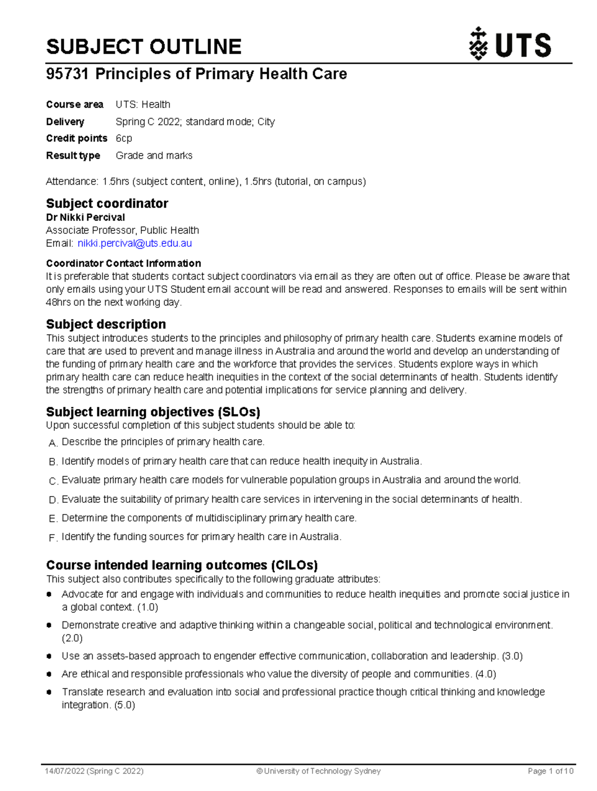 Principles of Primary health care subject outline - SUBJECT OUTLINE ...