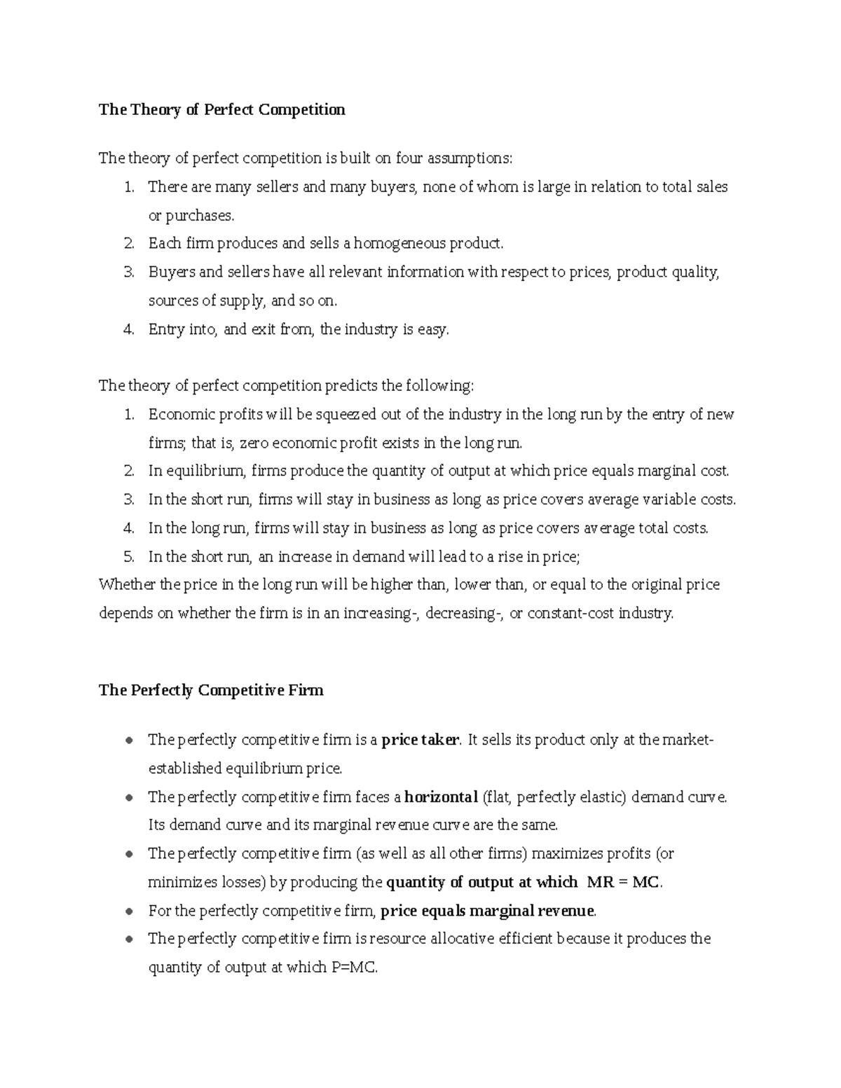 ECON Market structures - The Theory of Perfect Competition The theory ...