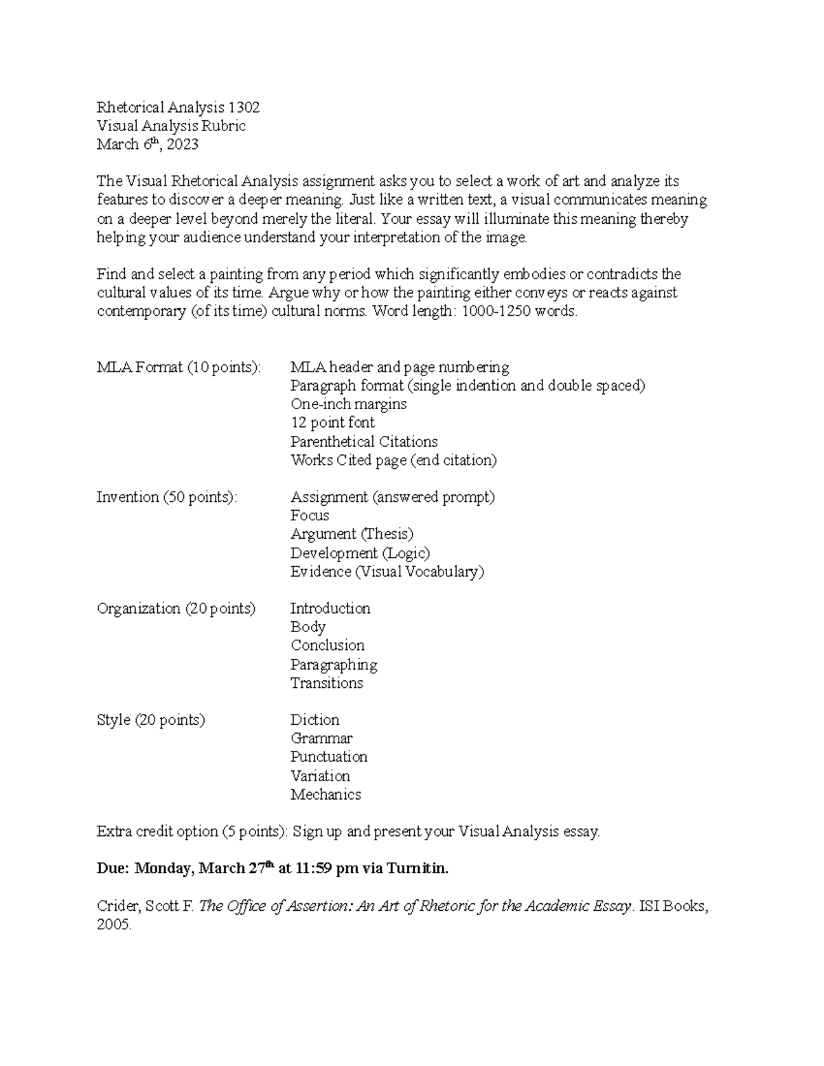 Visual Analysis Rubric - Rhetorical Analysis 1302 Visual Analysis ...