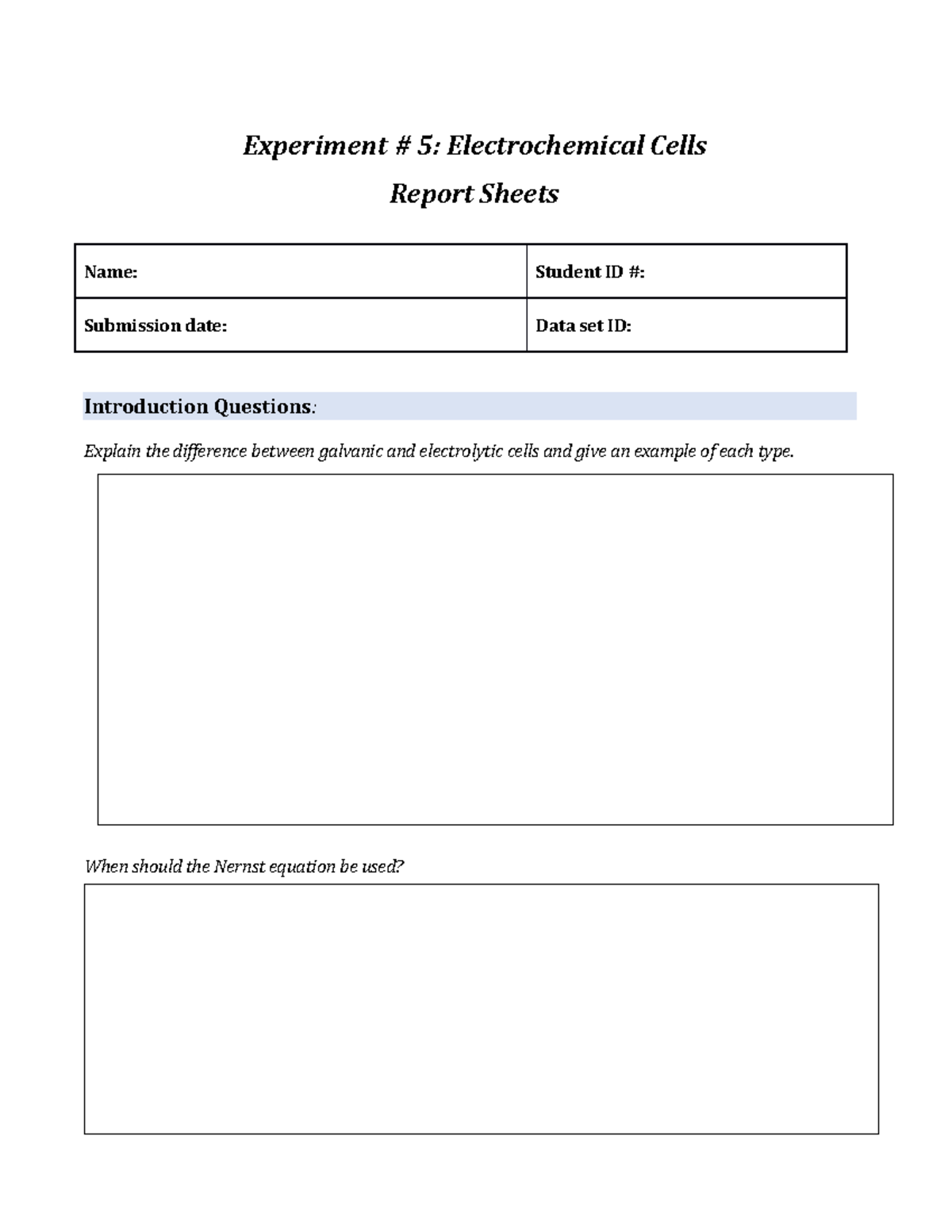 Experiment 5 Lab Report Template - Experiment # 5: Electrochemical ...