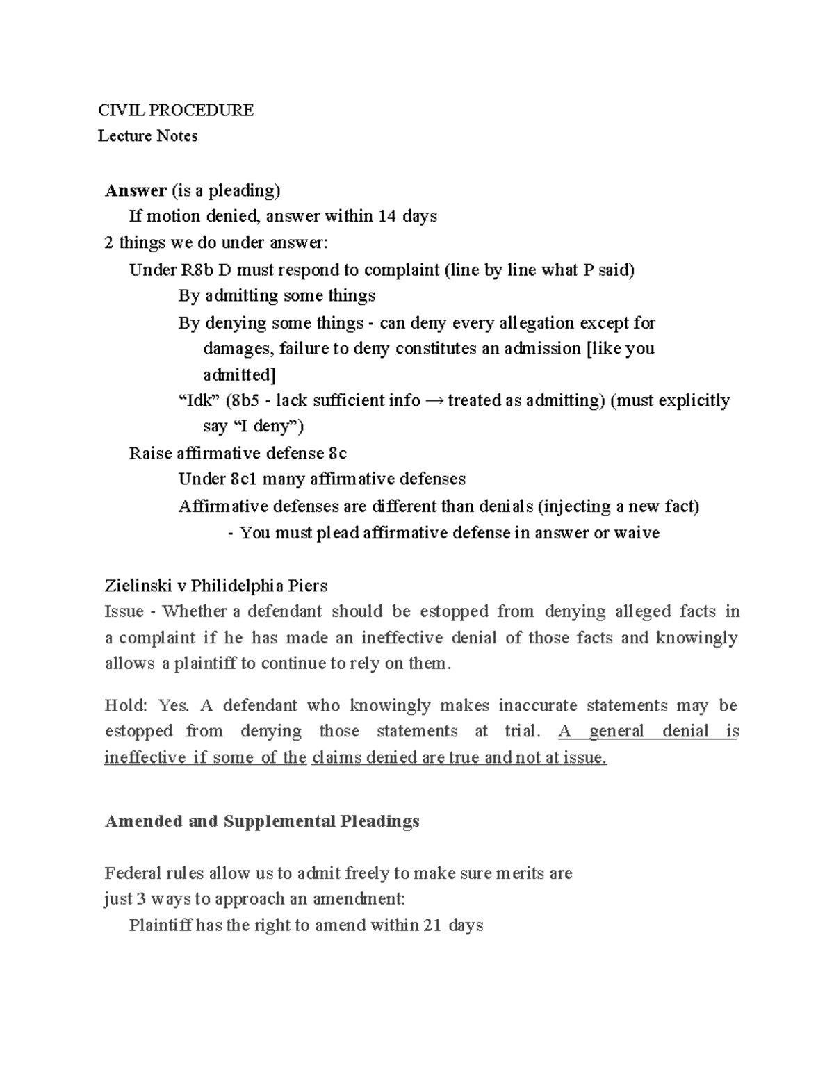 Answer - PLEADINGS CHAPTER - CIVIL PROCEDURE Lecture Notes Answer (is a ...