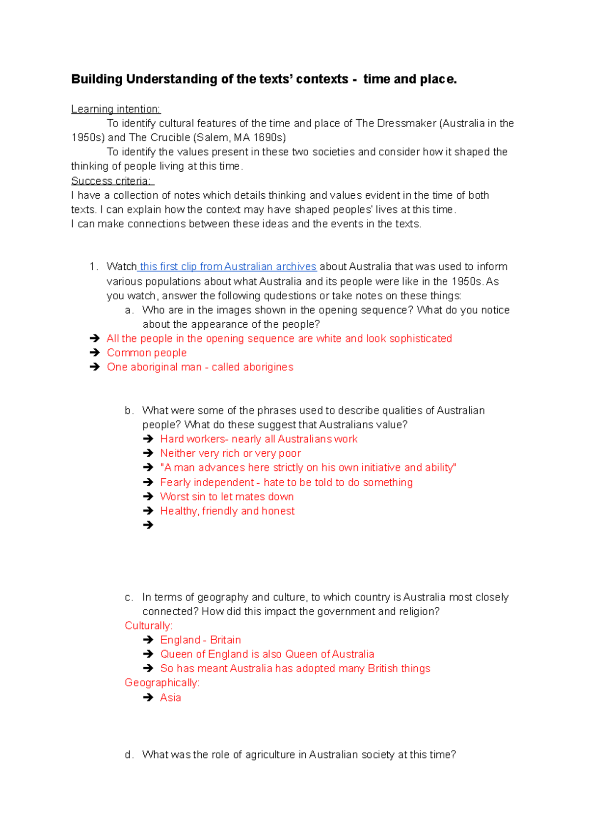 Building Understanding of the texts’ contexts - time and place ...