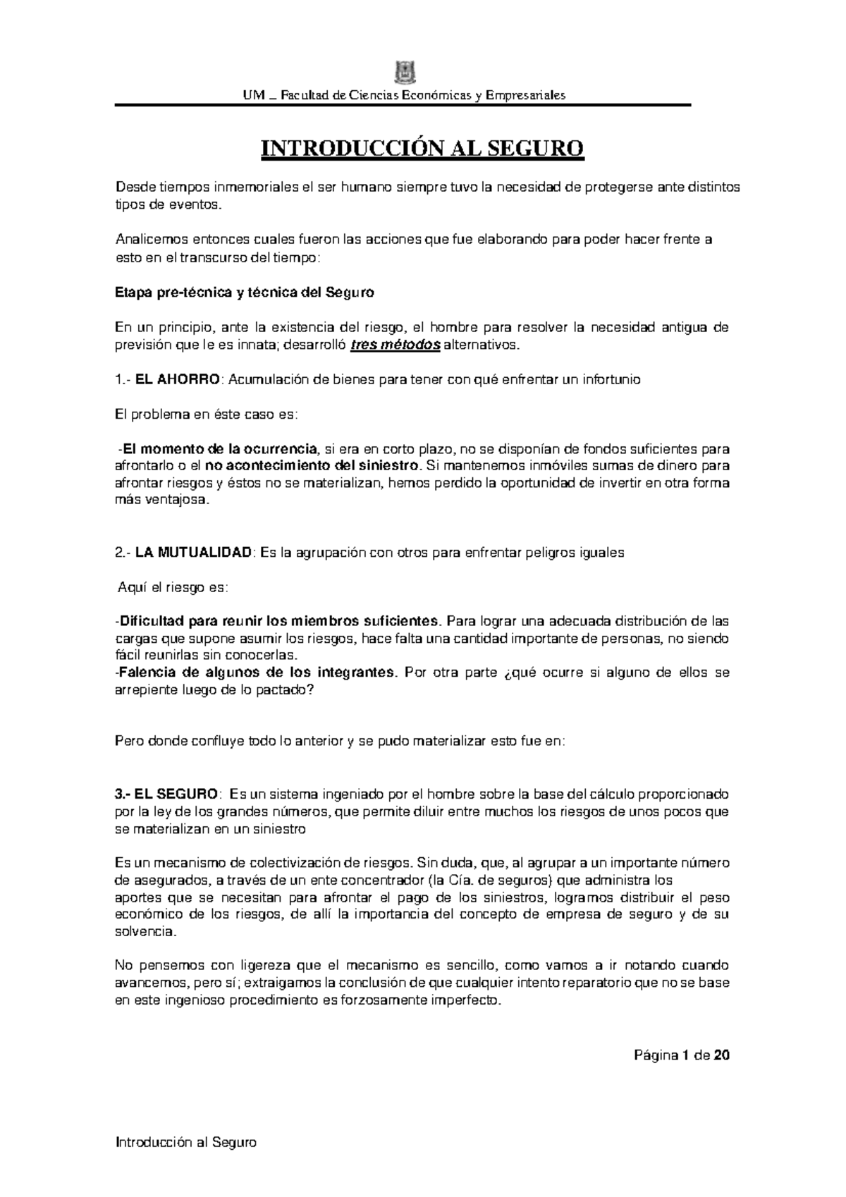 Introduccion al seguro 2020 - Página 1 de 20 INTRODUCCIÓN AL SEGURO Desde tiempos inmemoriales ...