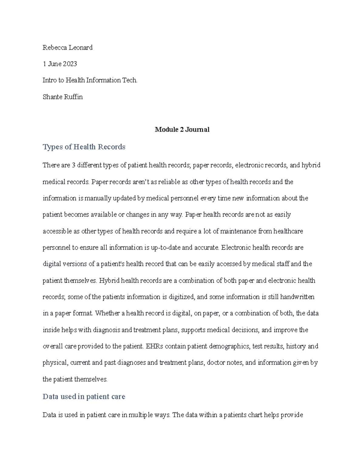 Module 2 Journal - Rebecca Leonard 1 June 2023 Intro to Health ...