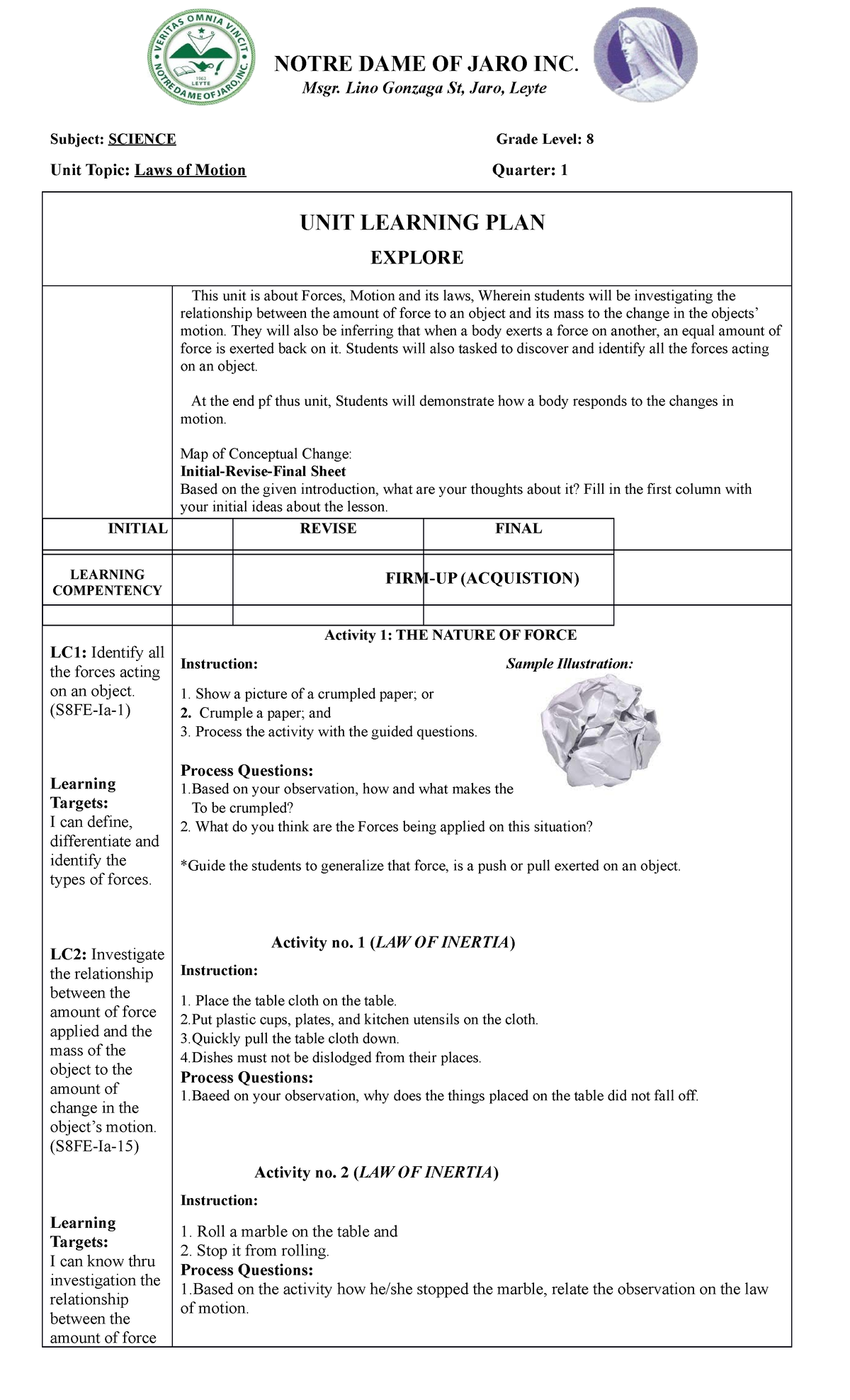 1st UNIT PLAN Science 8 - Message me if you need copies - NOTRE DAME OF ...