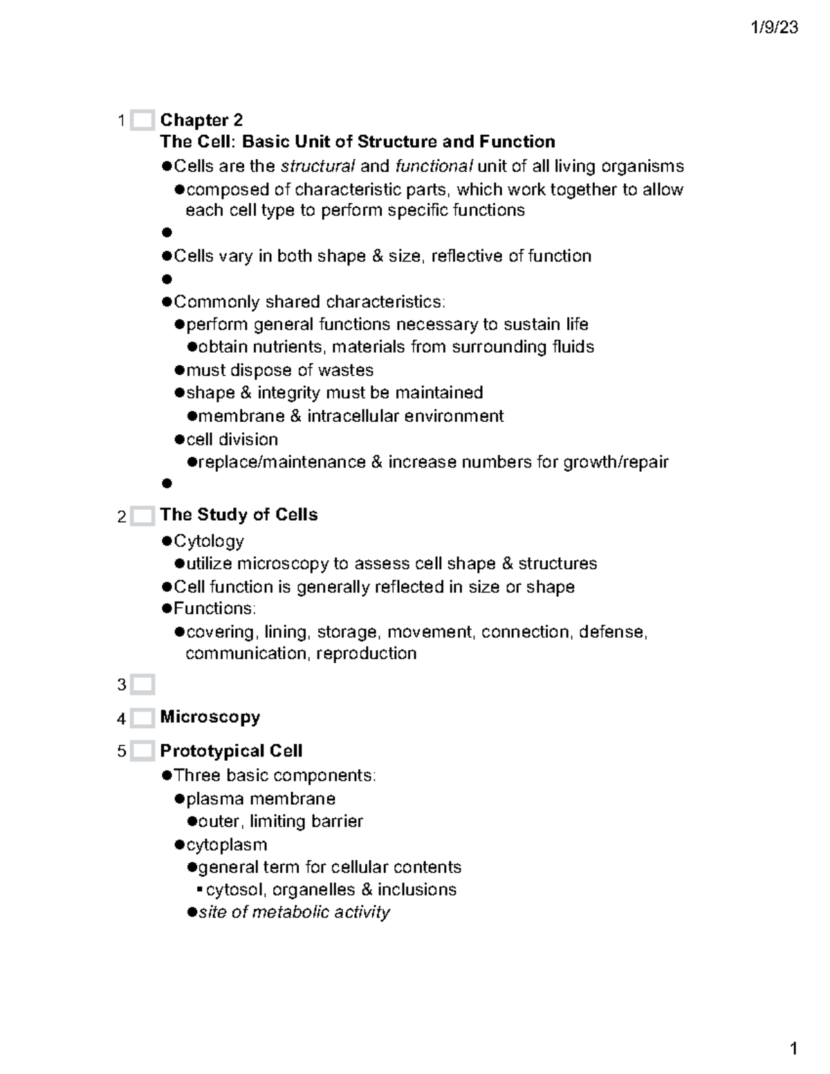 Anatomy chap 2 notes - 1/9/ 1 Chapter 2 The Cell: Basic Unit of ...