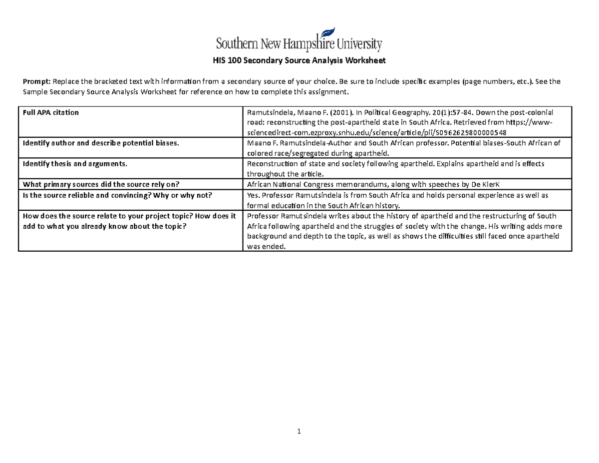 3-4 HIS 100 Secondary Source Analysis Worksheet - HIS 100 Secondary ...