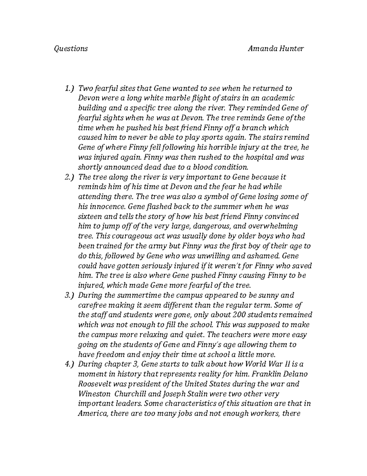 Backup of questions a seperate peace reading - Questions Amanda Hunter ...