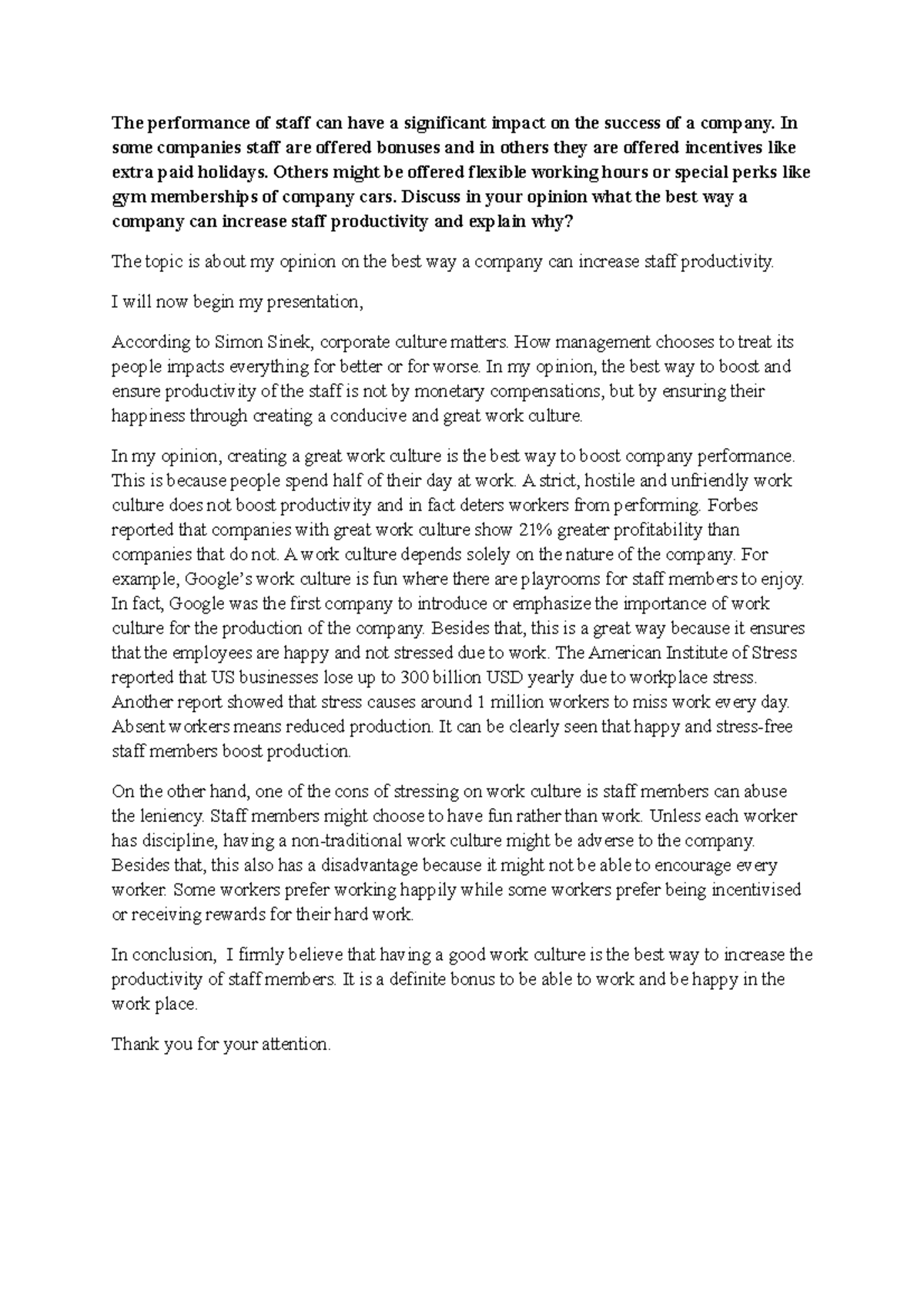 Staff Work Culture Stage 2 - The performance of staff can have a ...