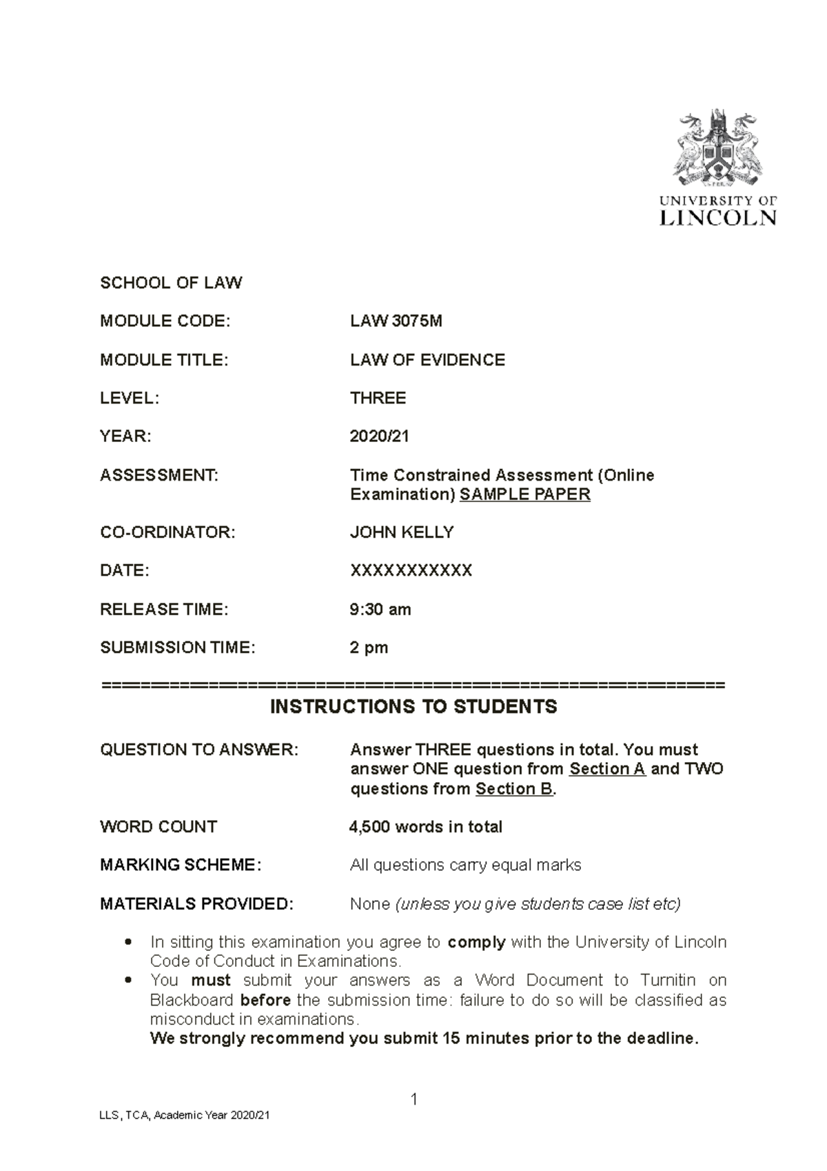 Evidence Law School TCA sample 2021 - SCHOOL OF LAW MODULE CODE: LAW ...