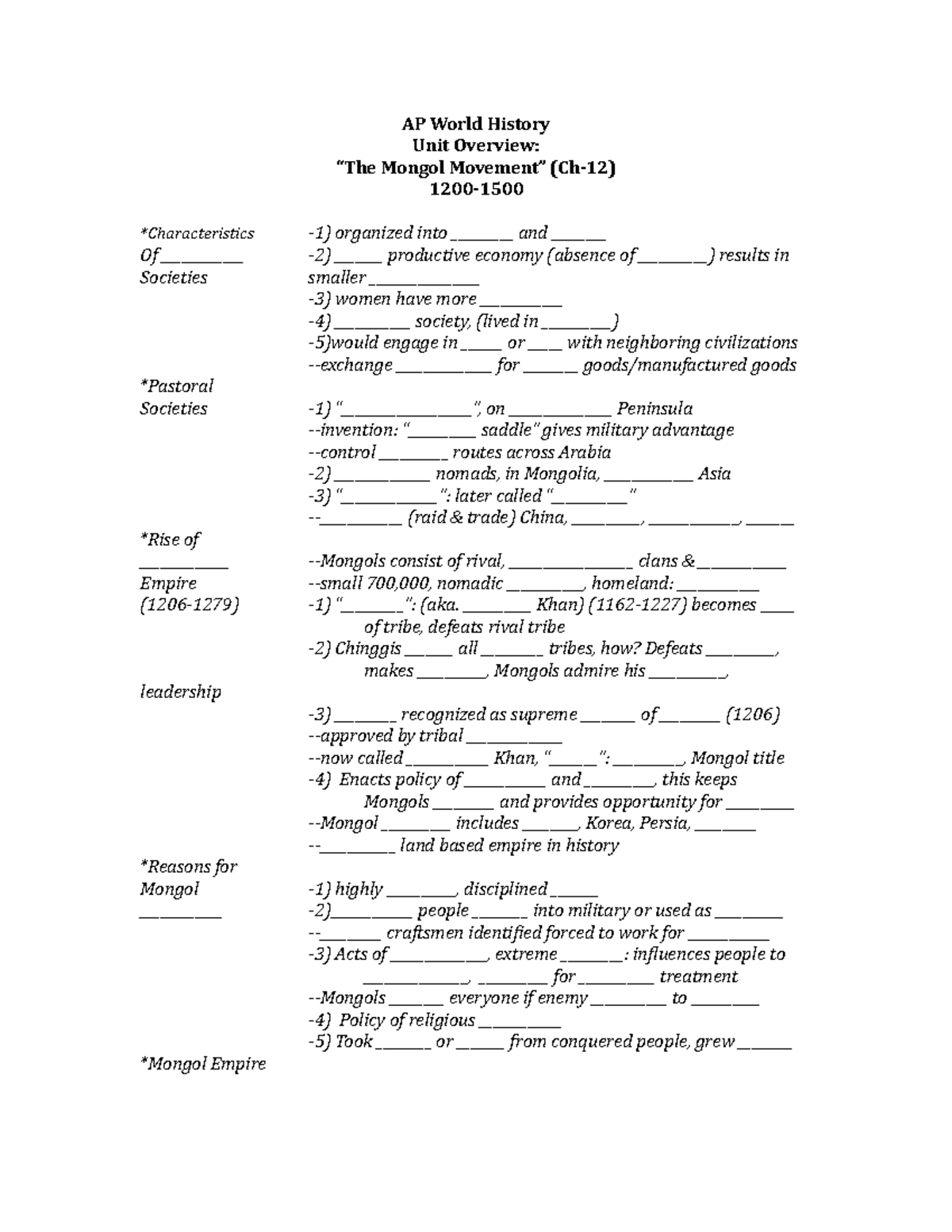 APWH; Overview 12 Mongols - AP World History Unit Overview: “The Mongol ...