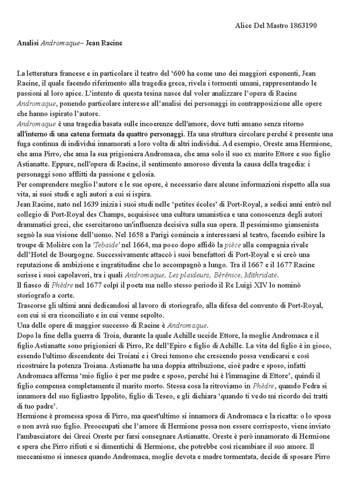 Andromaca - Racine Analisi - Analisi Andromaque– Jean Racine La ...