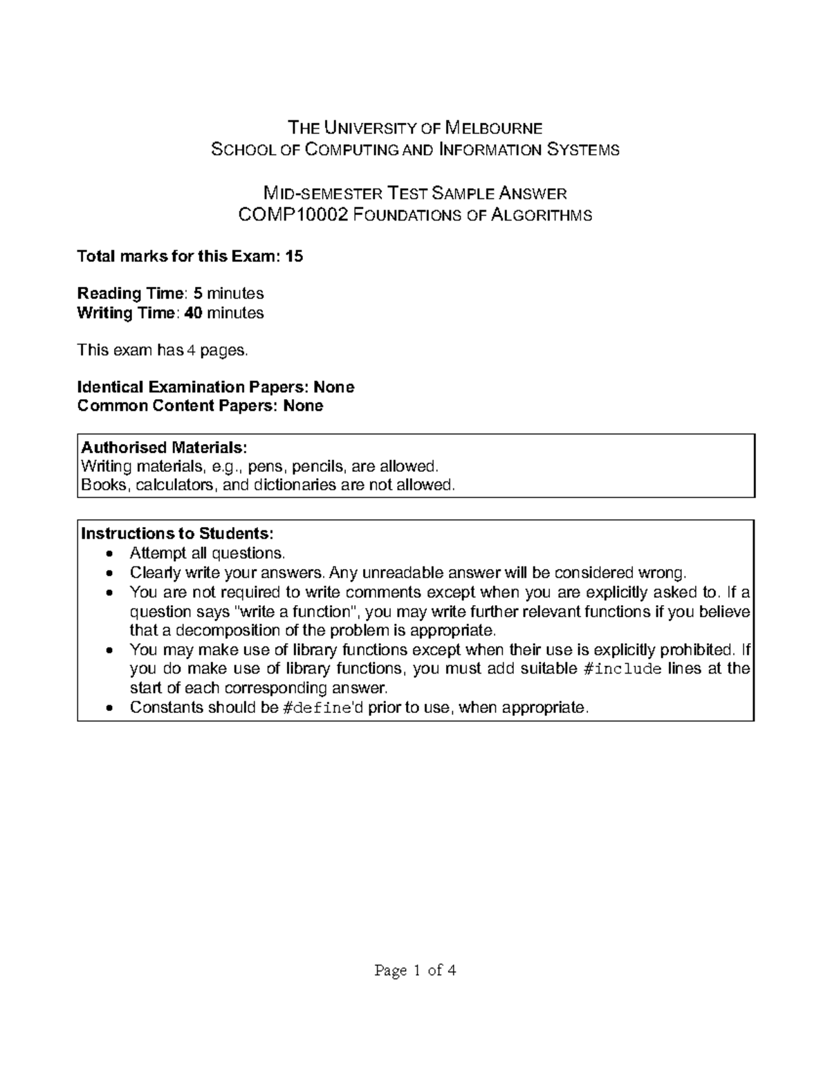 COMP10002 Foundations of Algorithms Past Mid-semester test Answer 2023 ...