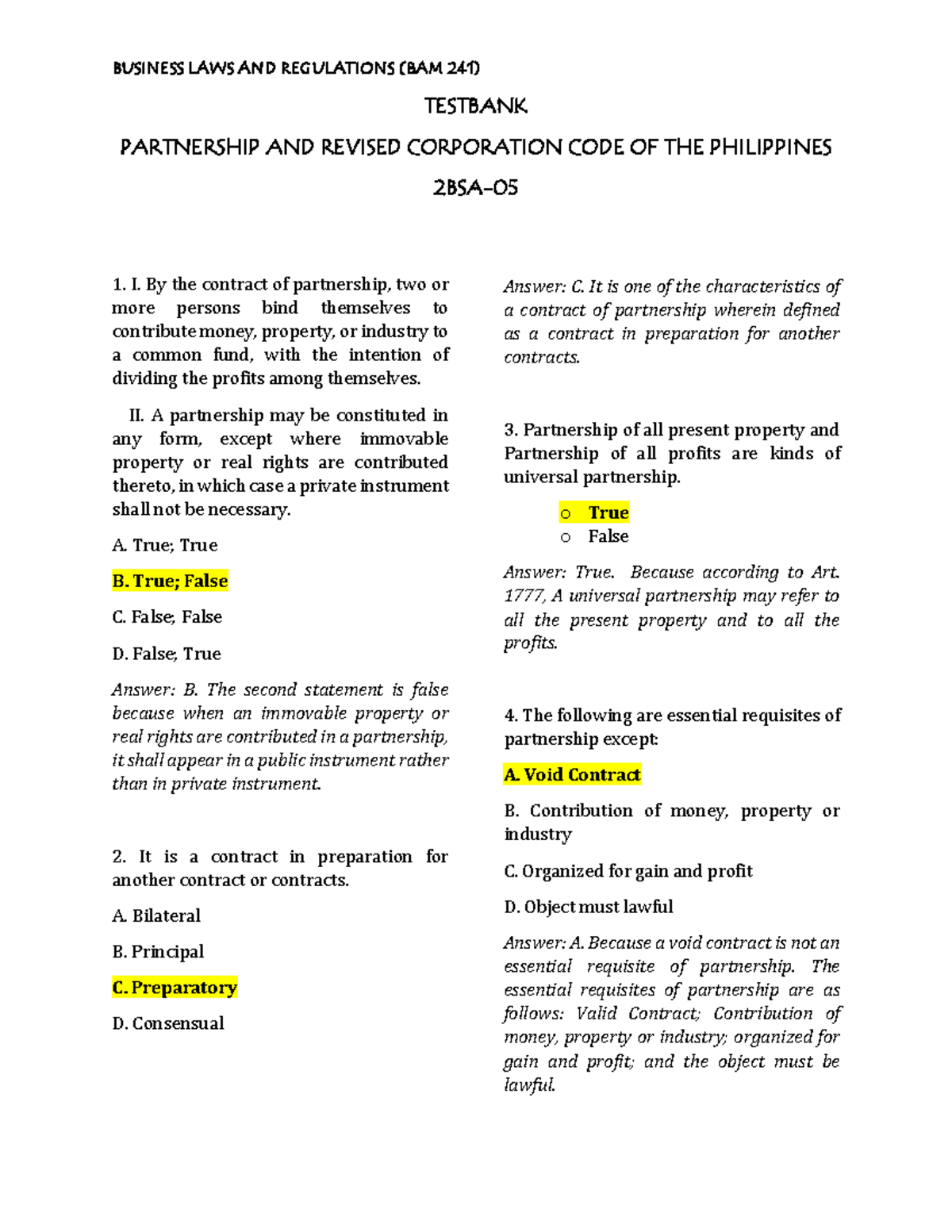 BAM241 Testbank 2BSA-5 - BUSINESS LAWS AND REGULATIONS (BAM 241 ...