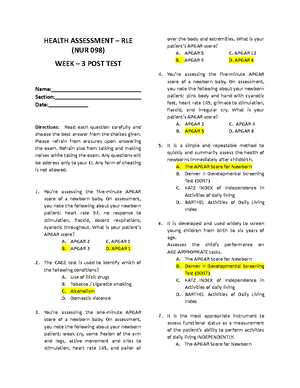 Answer Key NUR 097 P1W3 POST TEST - BSN 1_ P1W3 POST TEST NUR 097 ...