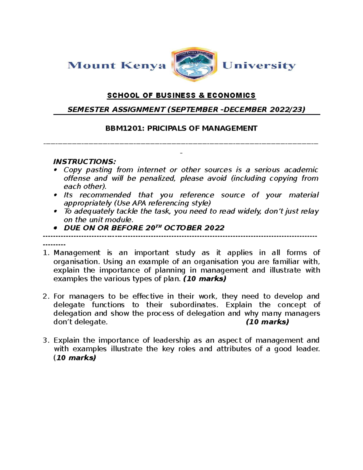 BBM1201 Principles OF Managment - SCHOOL OF BUSINESS & ECONOMICS ...