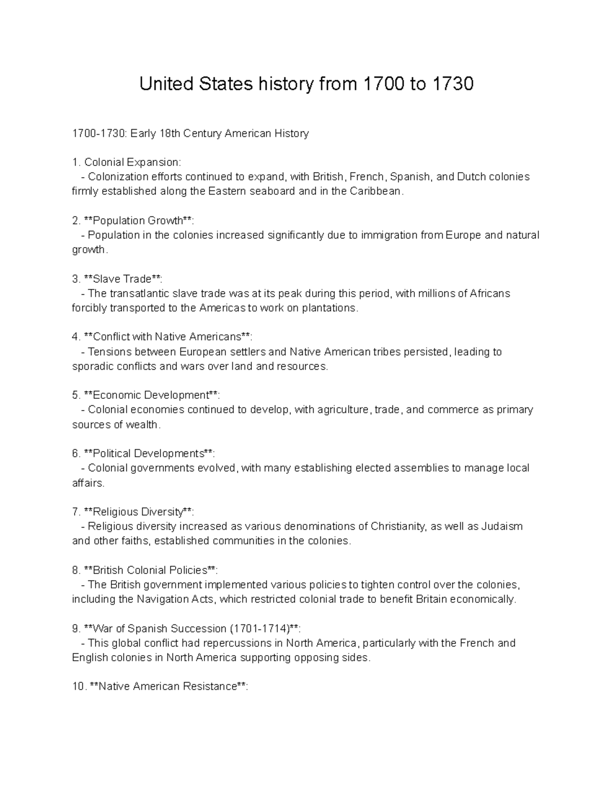 History notes 1700-1730 - United States history from 1700 to 1730 1700 ...