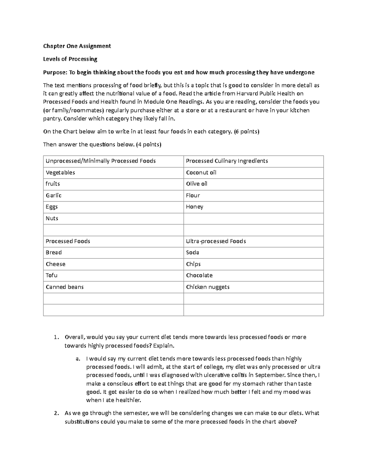 Chapter One Assignment Food Processing - Chapter One Assignment Levels of Processing Purpose: To ...