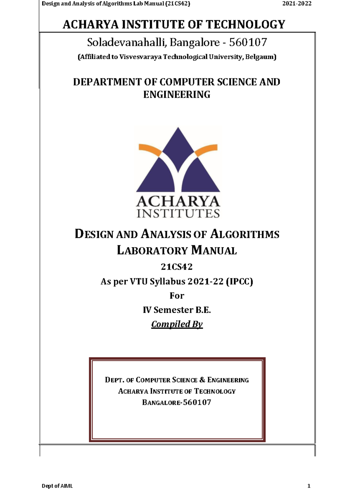 Daa lab Manual - ACHARYA INSTITUTE OF TECHNOLOGY Soladevanahalli ...