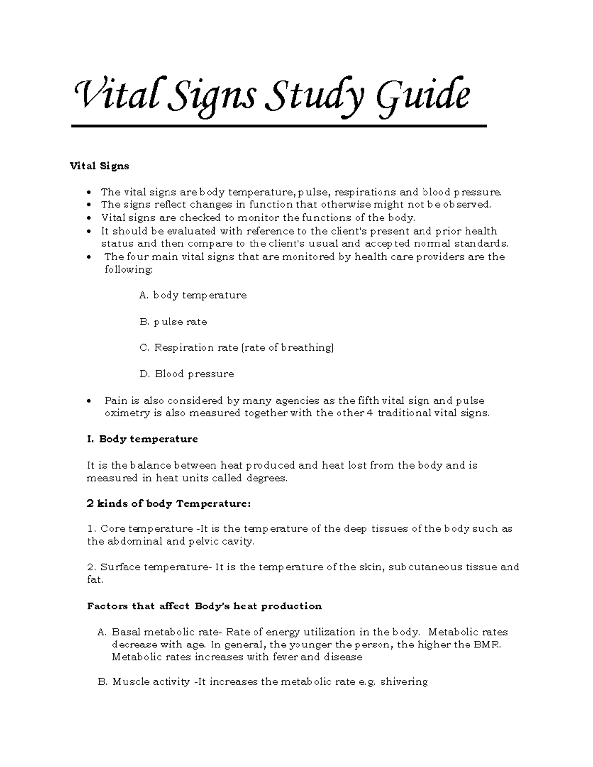 Vital Signs Study Guide - Vital Signs Study Guide Vital Signs - The ...