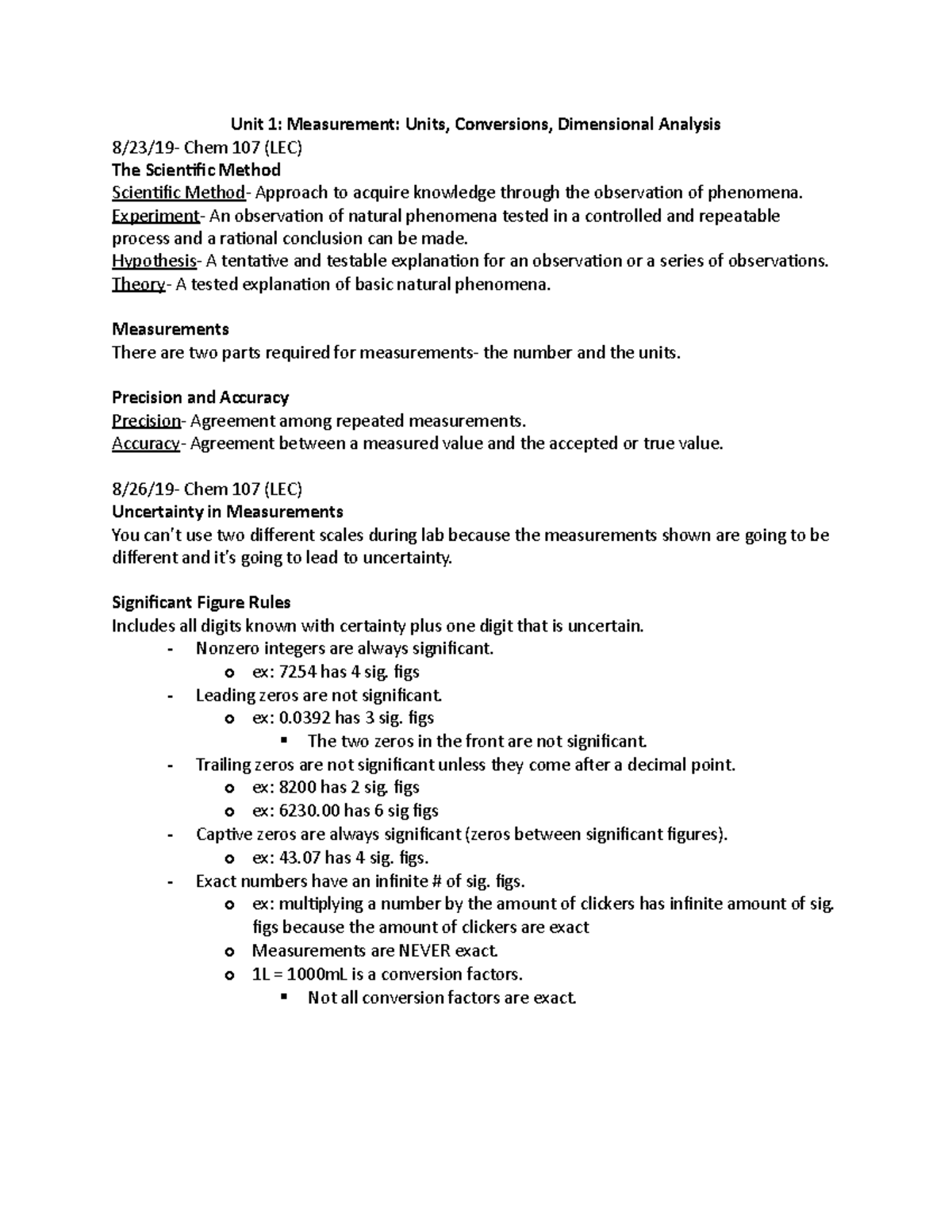 Chem 107 Lecture - Unit 1: Measurement: Units, Conversions, Dimensional ...
