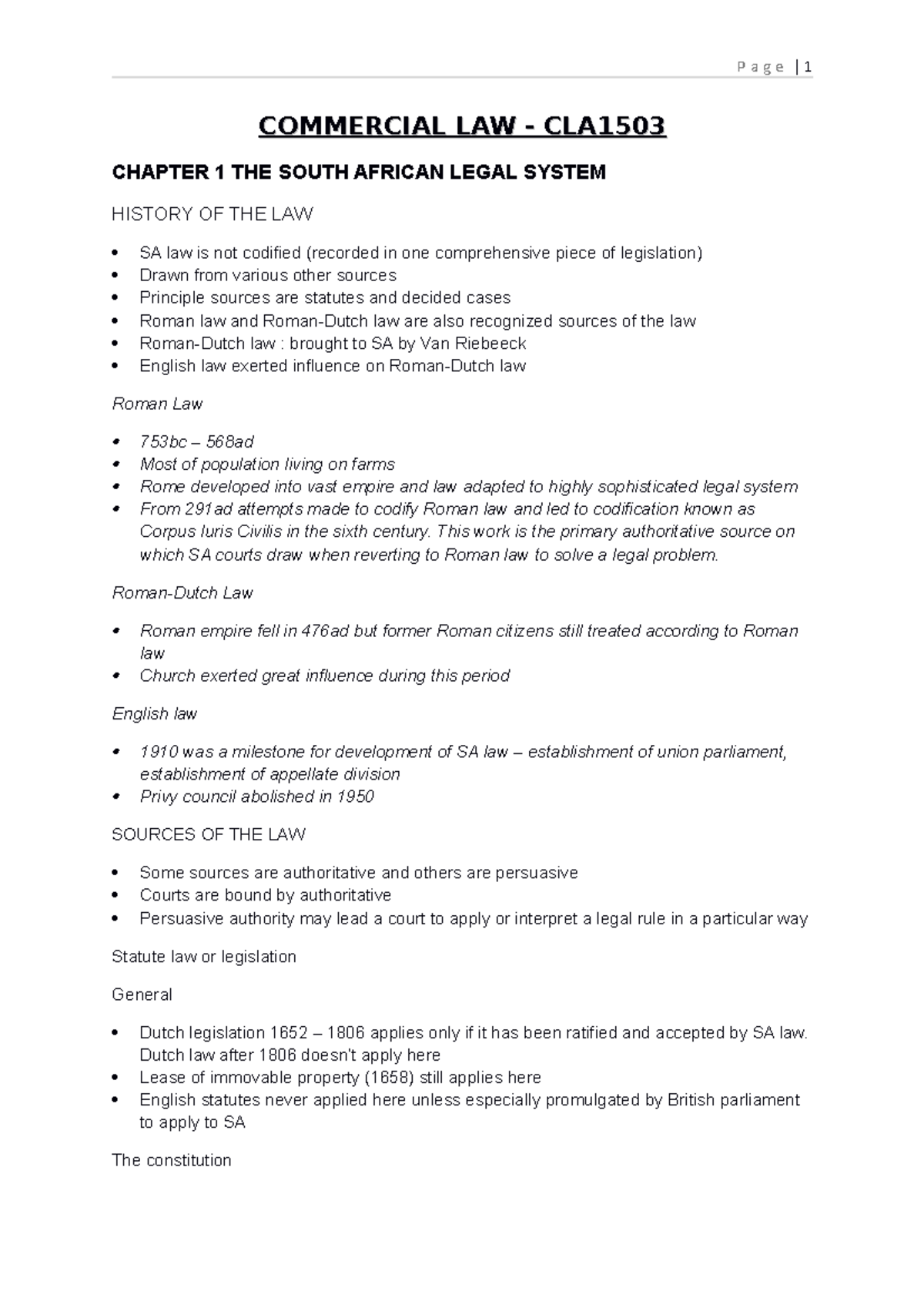 CLA1503-commercial law summary - COMMERCIAL LAW - CLA1503COMMERCIAL LAW ...