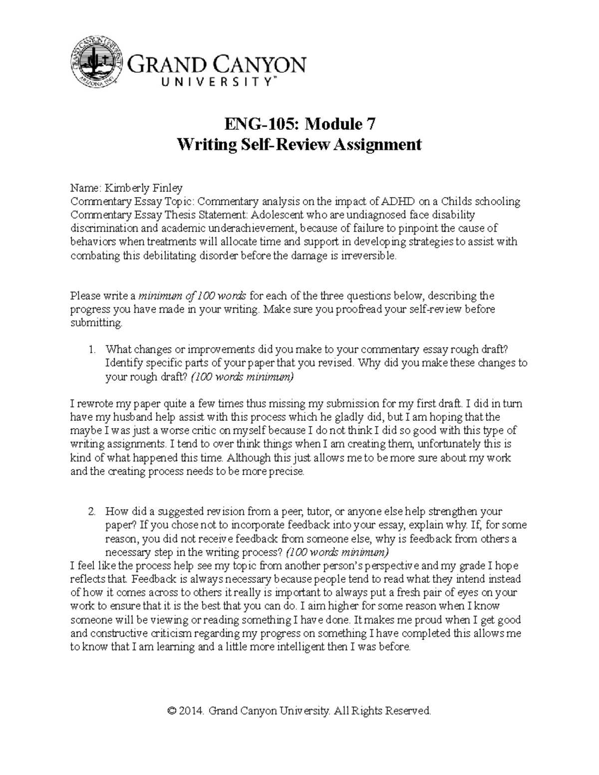 ENG105 Self Review Assignment - ENG-105: Module 7 Writing Self-Review ...