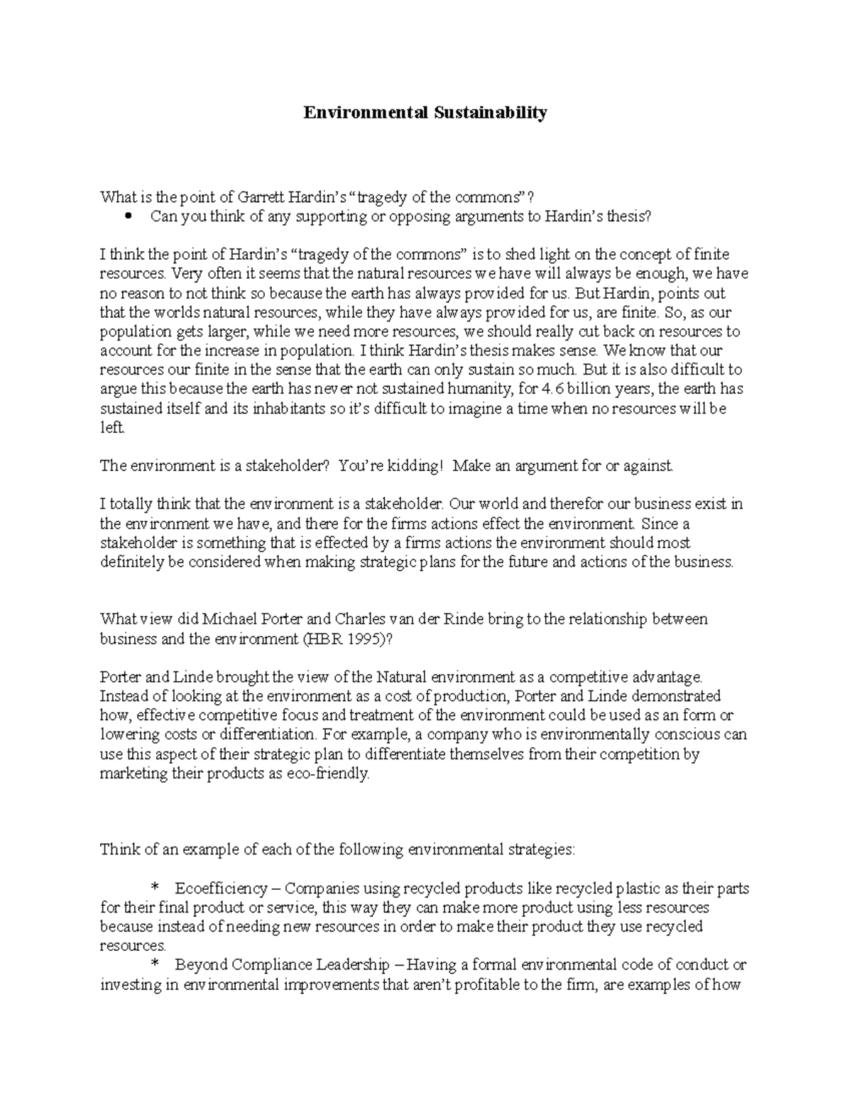 Environmental sustainability Assignment (Chapter 8) - Environmental ...