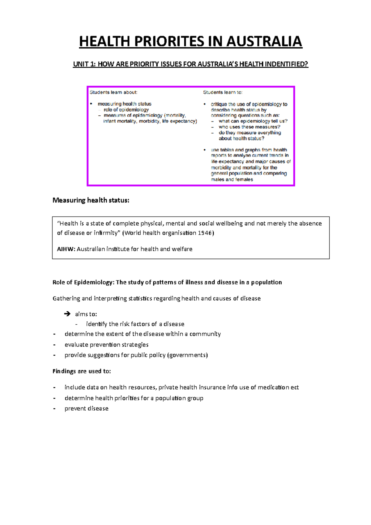 Health priorities pdhpe notes hsc - HEALTH PRIORITES IN AUSTRALIA UNIT ...