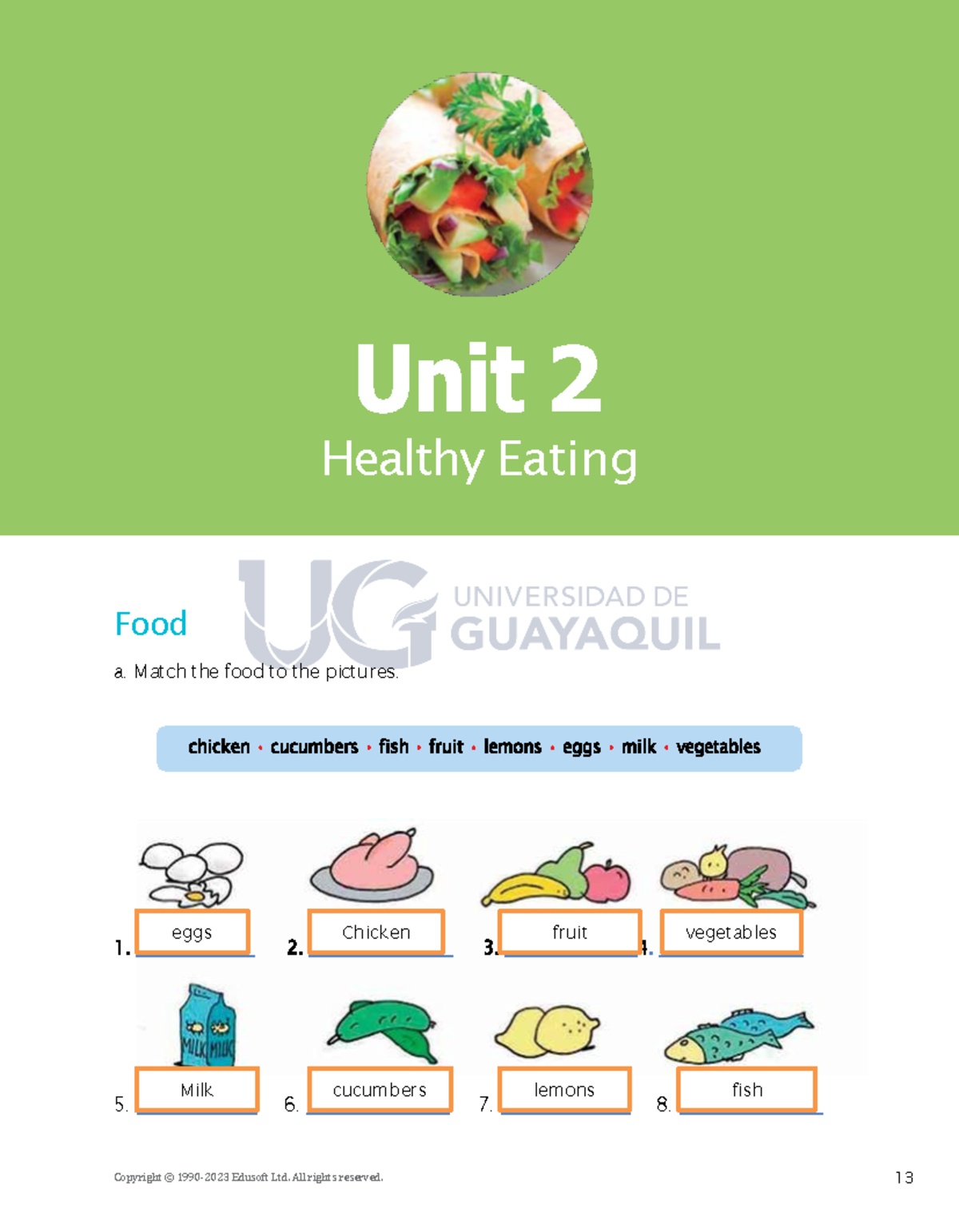 Unit 2 Healthy Eating - ingles - ####### Basic 2 Unit 2 Food a. Match ...