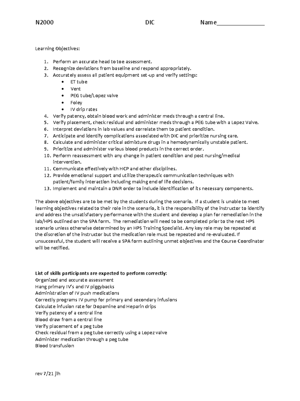 DIC prep nurs 2000 - DIC lab - Learning Objectives: Perform an accurate ...