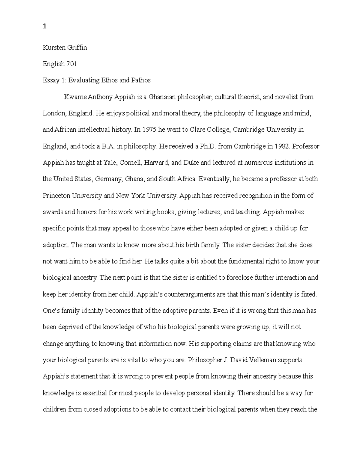 Essay 1 Evaluating Ethos and Pathos - 1 Kursten Griffin English 701 ...