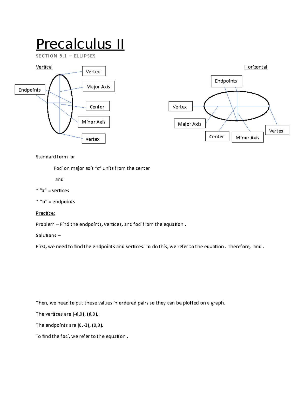 Precalc II Section 9.1 Ellipses - MATH 113 - Raritan Valley - Studocu