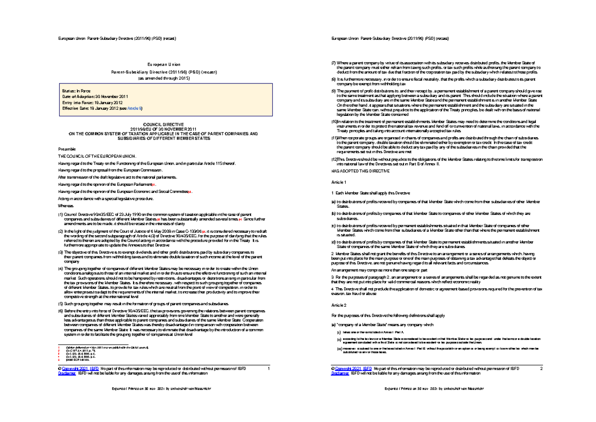 PSD + IRD + ATAD - PSD IRD AND ATAD, comprehensive - European Union ...