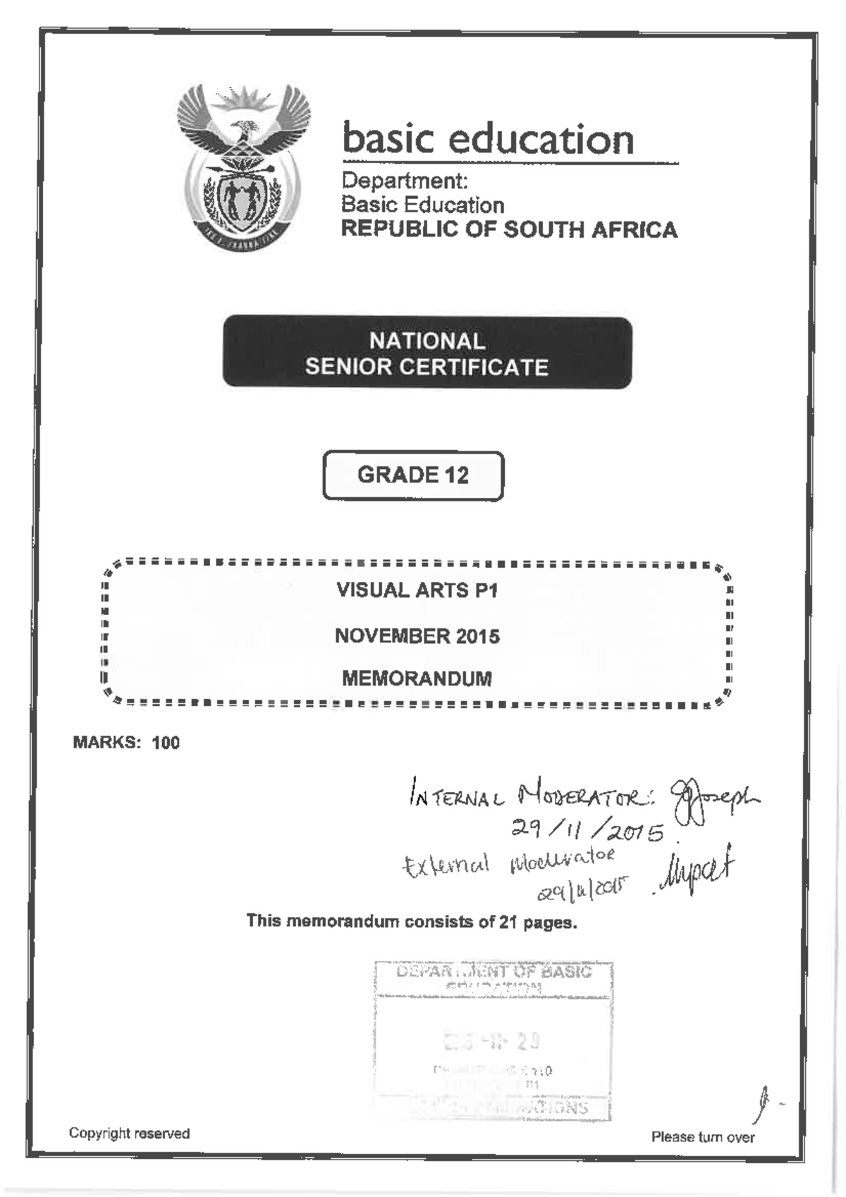Grade 12 NSC Visual Arts November 2015 Possible Answer - basic ...