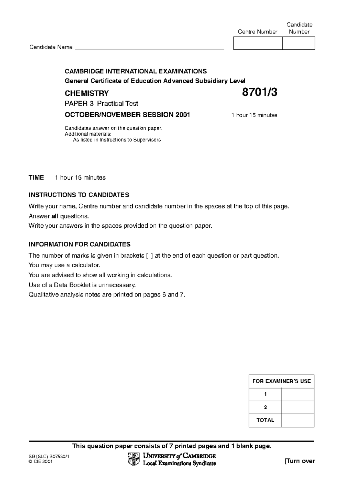 9701 w01 qp 3 - Questions for coursework - This question paper consists ...