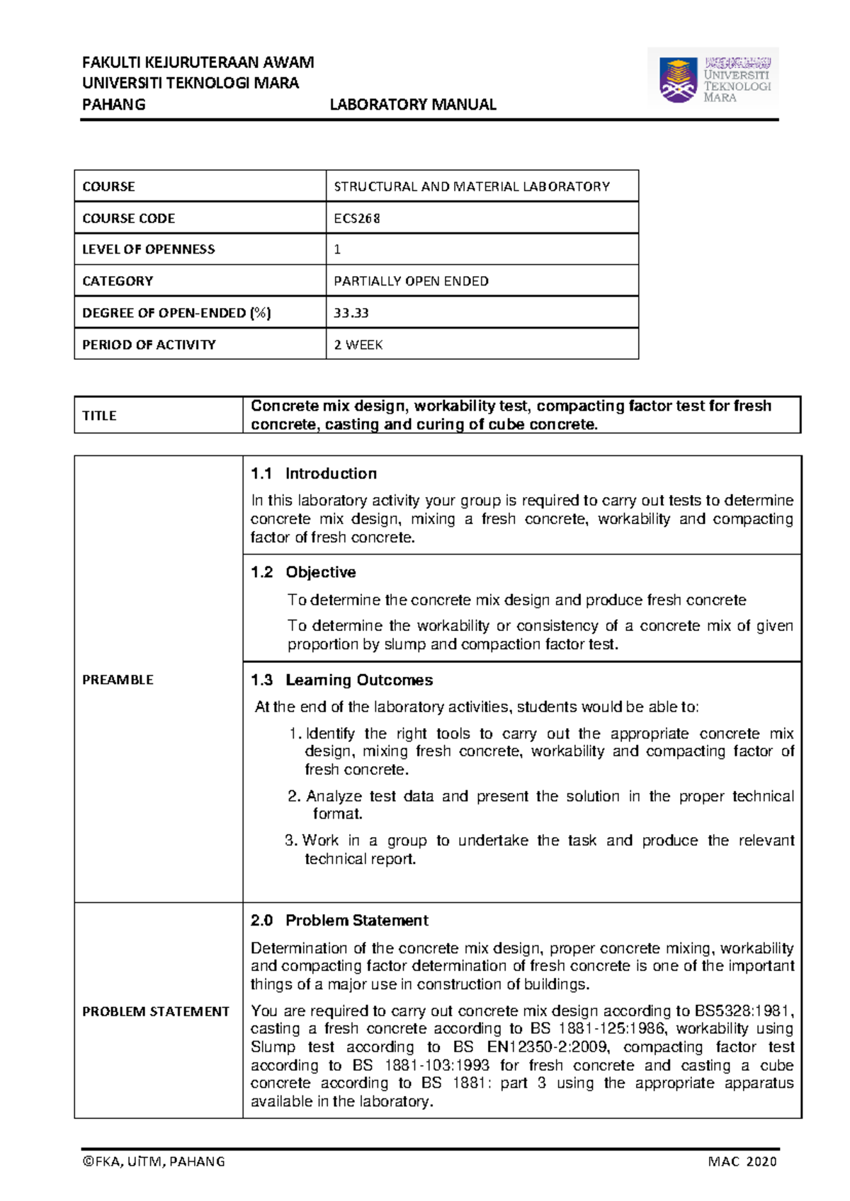 LAB concrete mix design - UNIVERSITI TEKNOLOGI MARA PAHANG LABORATORY ...