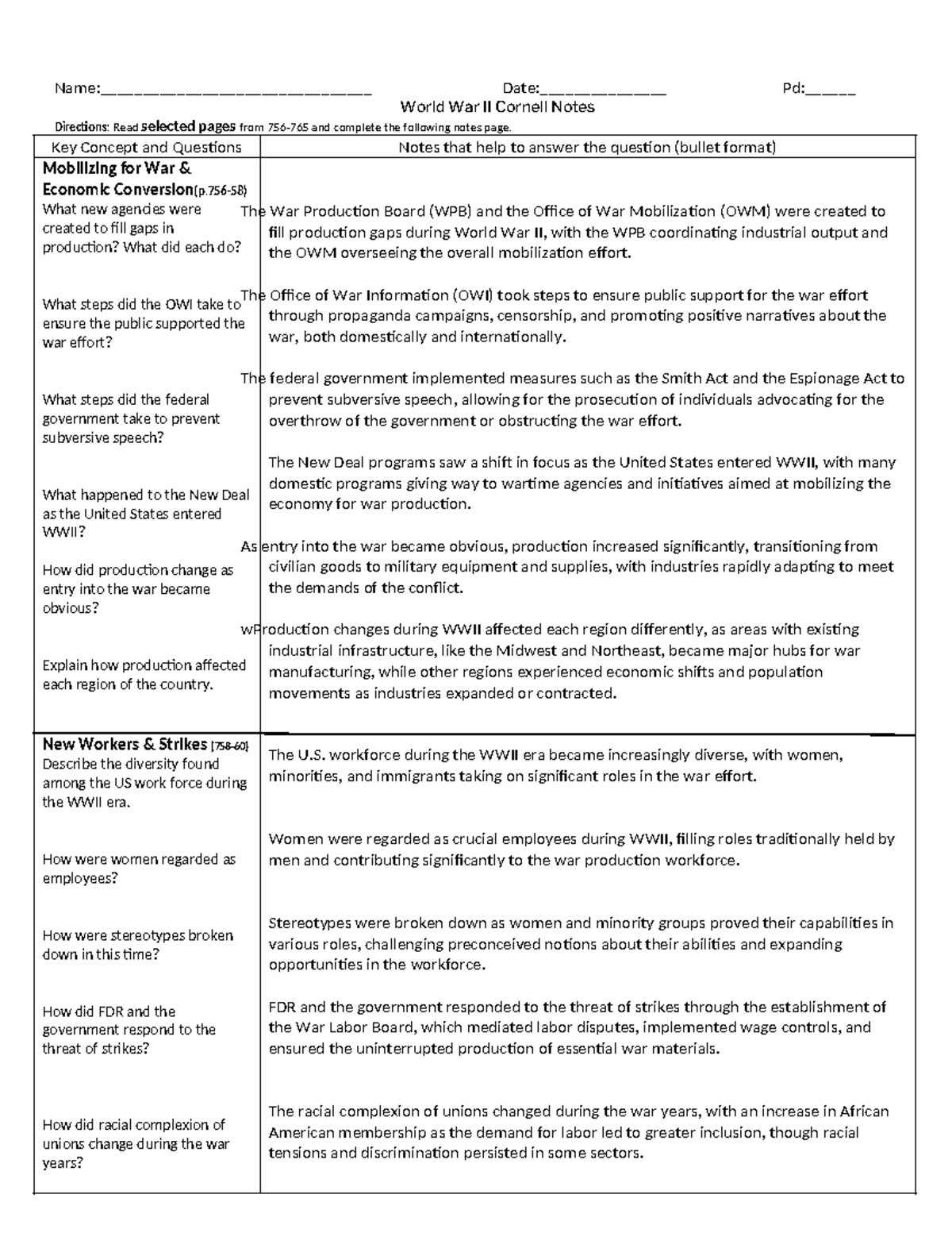 World War II Cornell Notes 2024 - Name ...