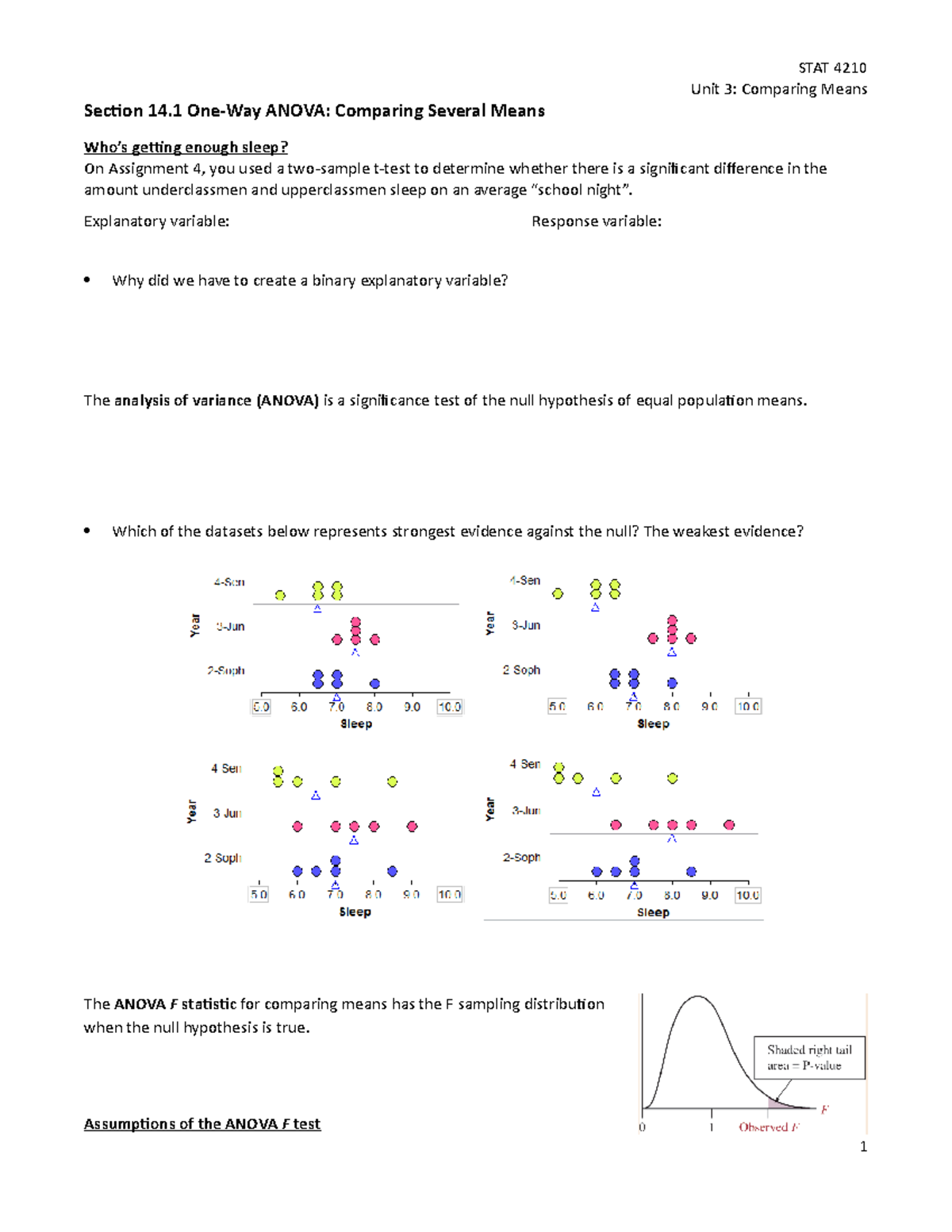 Ch. 14 notes - Unit 3: Comparing Means Section 14 One-Way ANOVA ...
